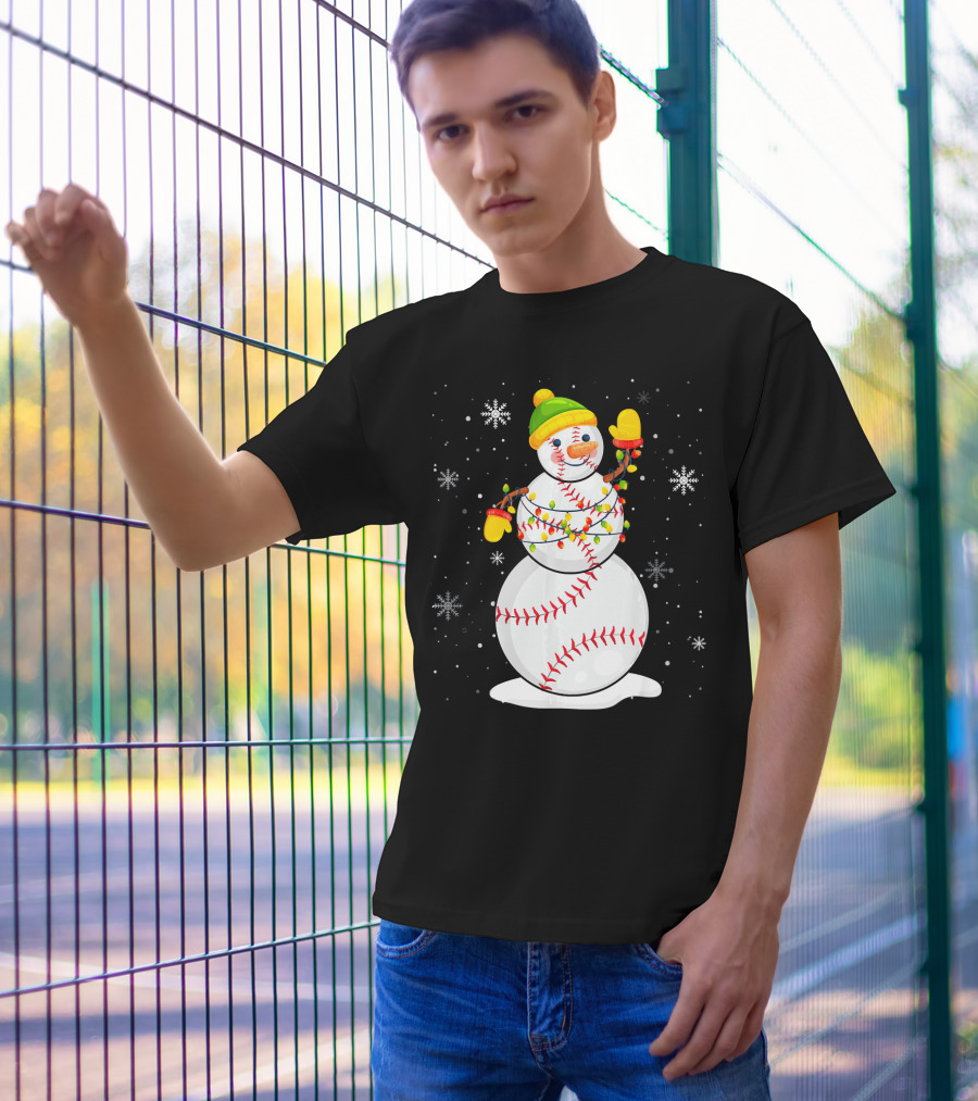 Christmas Snowman With Baseball Stitching And Santa Hat T-Shirt