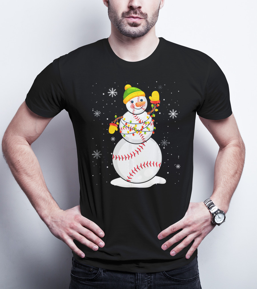 Christmas Snowman With Baseball Stitching And Santa Hat T-Shirt