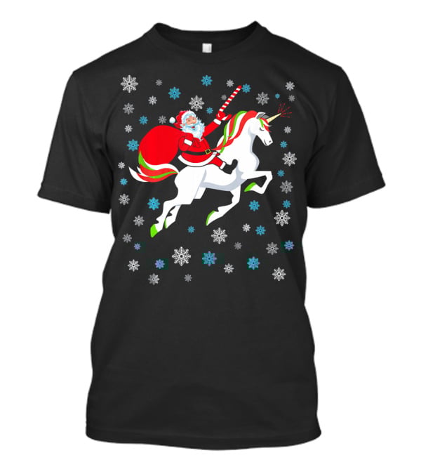 Christmas Unicorn Santa Riding Through Snowflakes T-Shirt