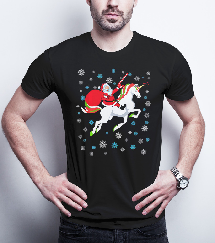 Christmas Unicorn Santa Riding Through Snowflakes T-Shirt