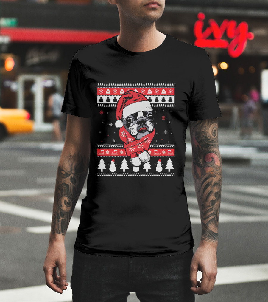Funny Boston Terrier Christmas Santa Sweater Festive Dog T-Shirt