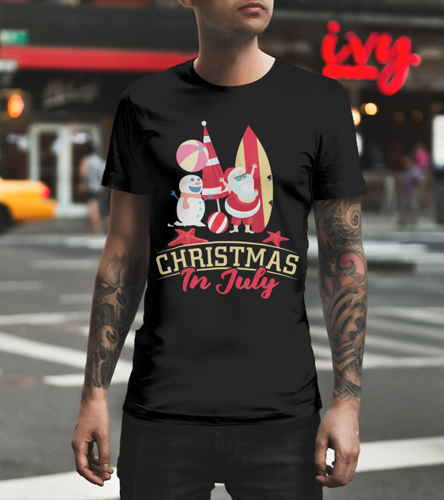 Christmas In July Santa Surfing Snowman Beach Ball T-Shirt