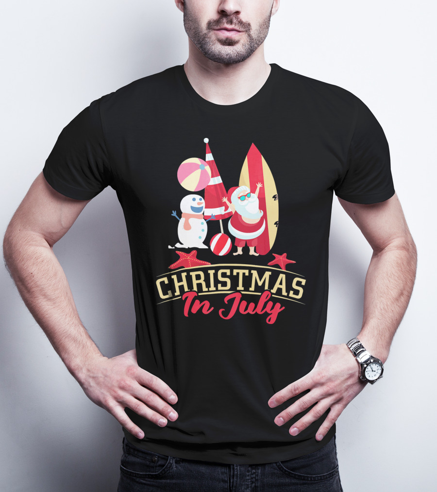 Christmas In July Santa Surfing Snowman Beach Ball T-Shirt