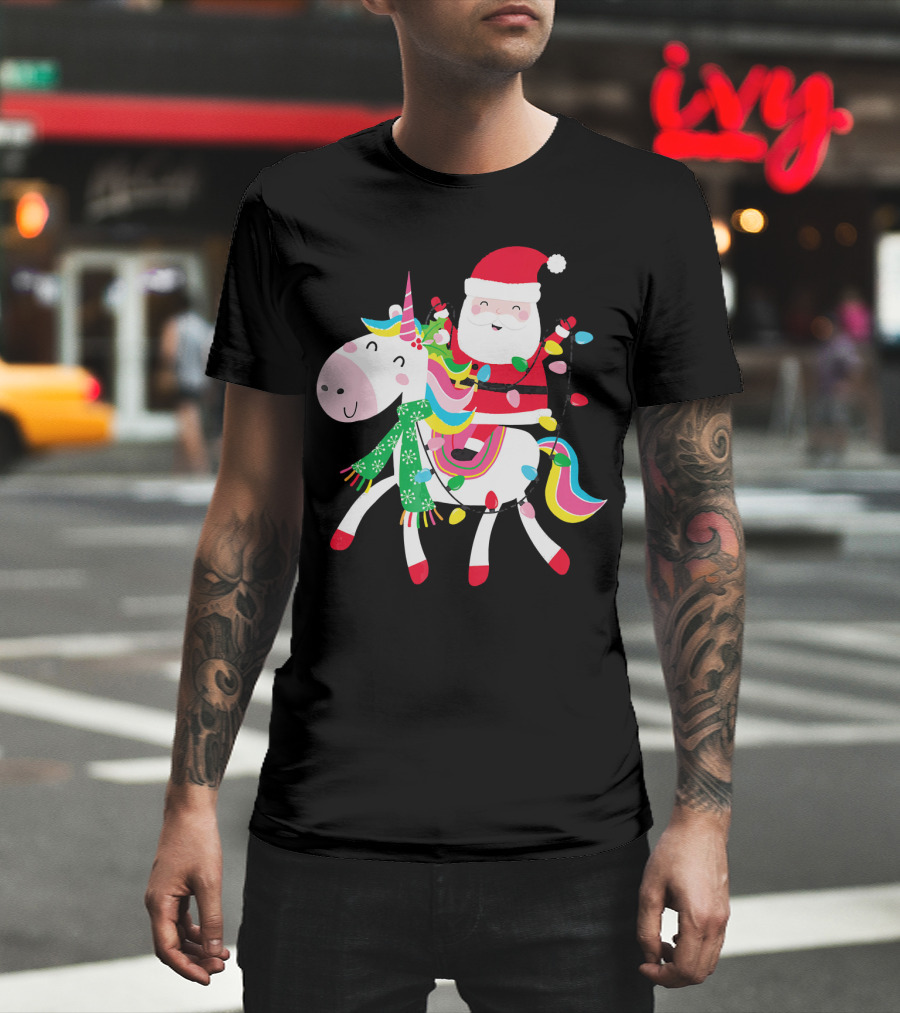 Santa Claus Riding Unicorn With Christmas Lights And Scarf T-Shirt