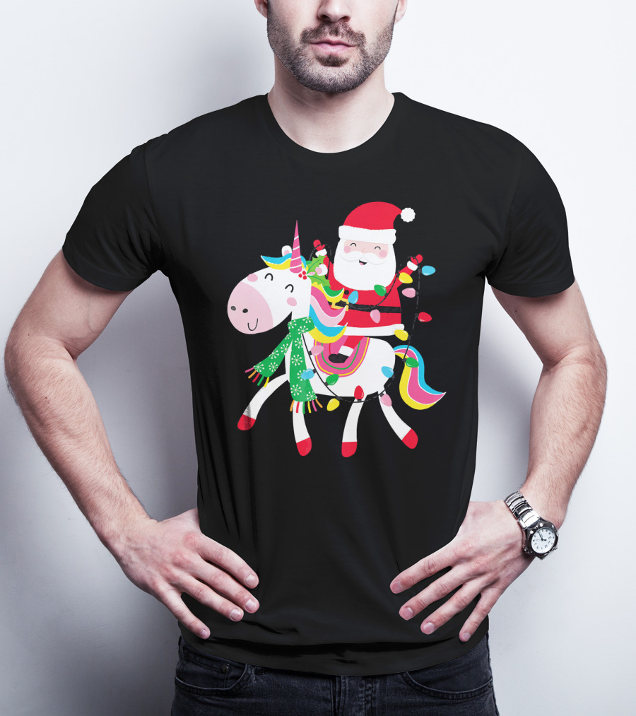 Santa Claus Riding Unicorn With Christmas Lights And Scarf T-Shirt