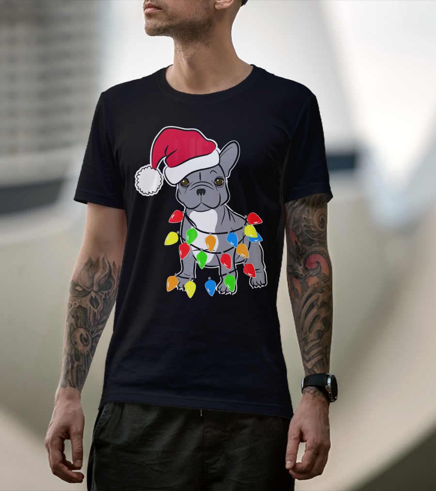 Santa French Bulldog With Christmas Lights T-Shirt