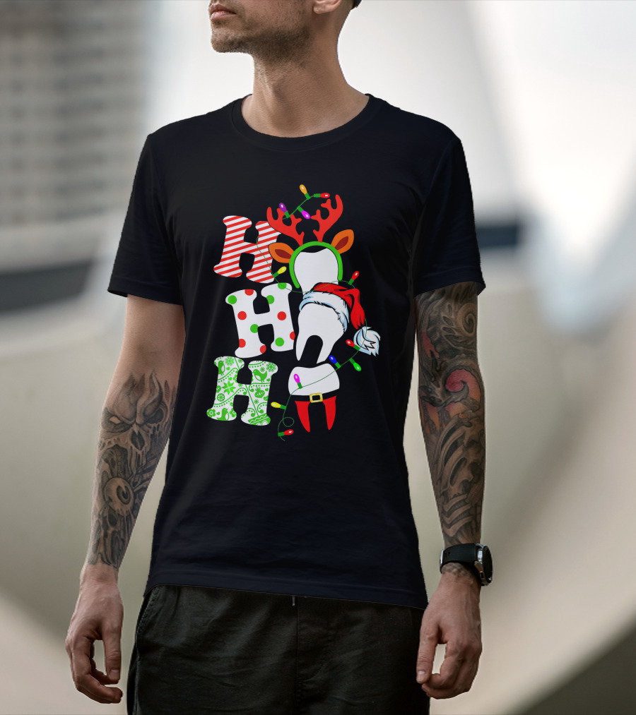 Ho Ho Ho Funny Santa Teeth Christmas Lights Reindeer Antlers T-Shirt