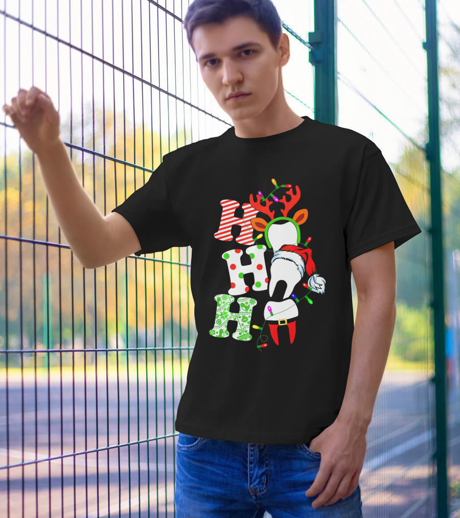 Ho Ho Ho Funny Santa Teeth Christmas Lights Reindeer Antlers T-Shirt
