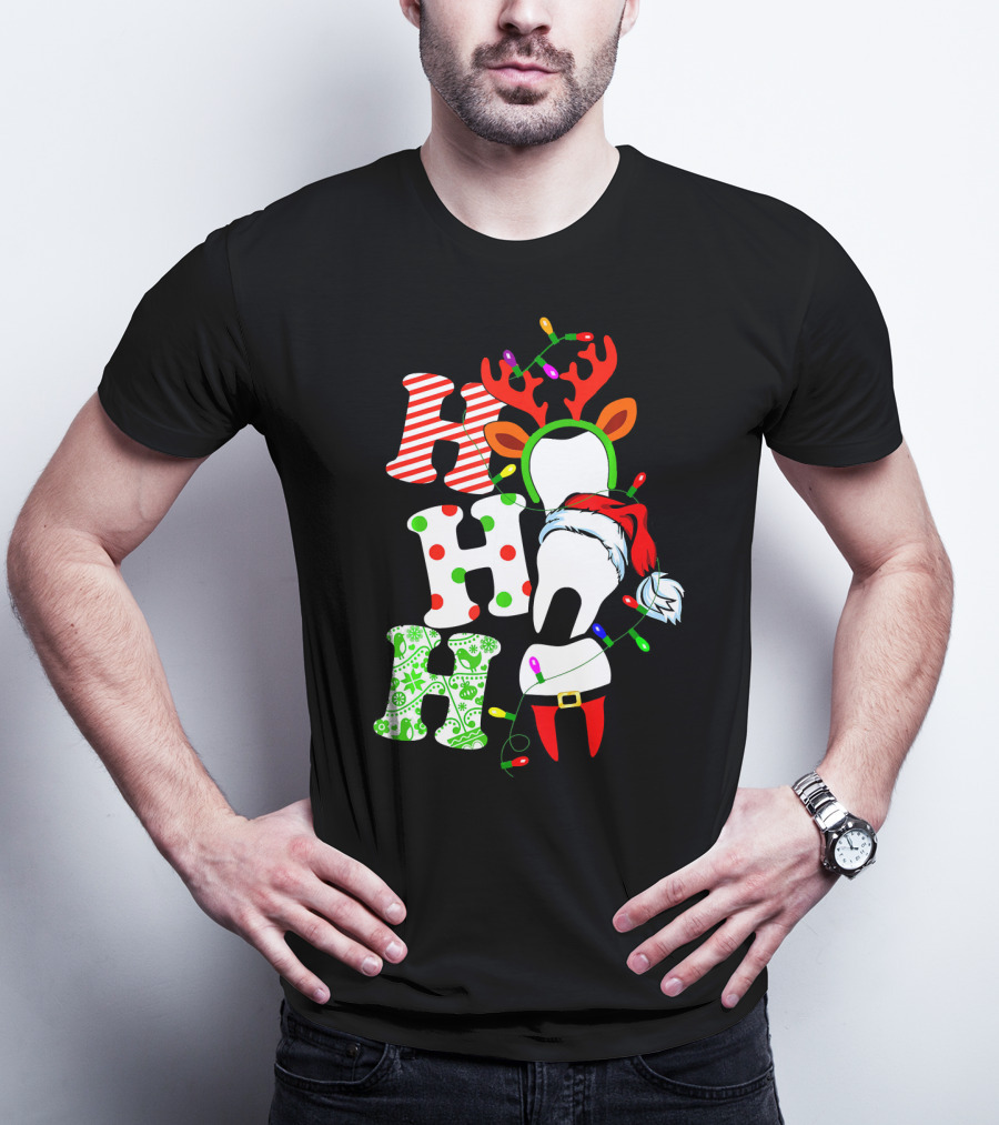 Ho Ho Ho Funny Santa Teeth Christmas Lights Reindeer Antlers T-Shirt
