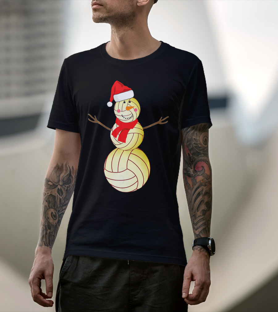 Funny Volleyball Snowman With Santa Hat And Scarf T-Shirt