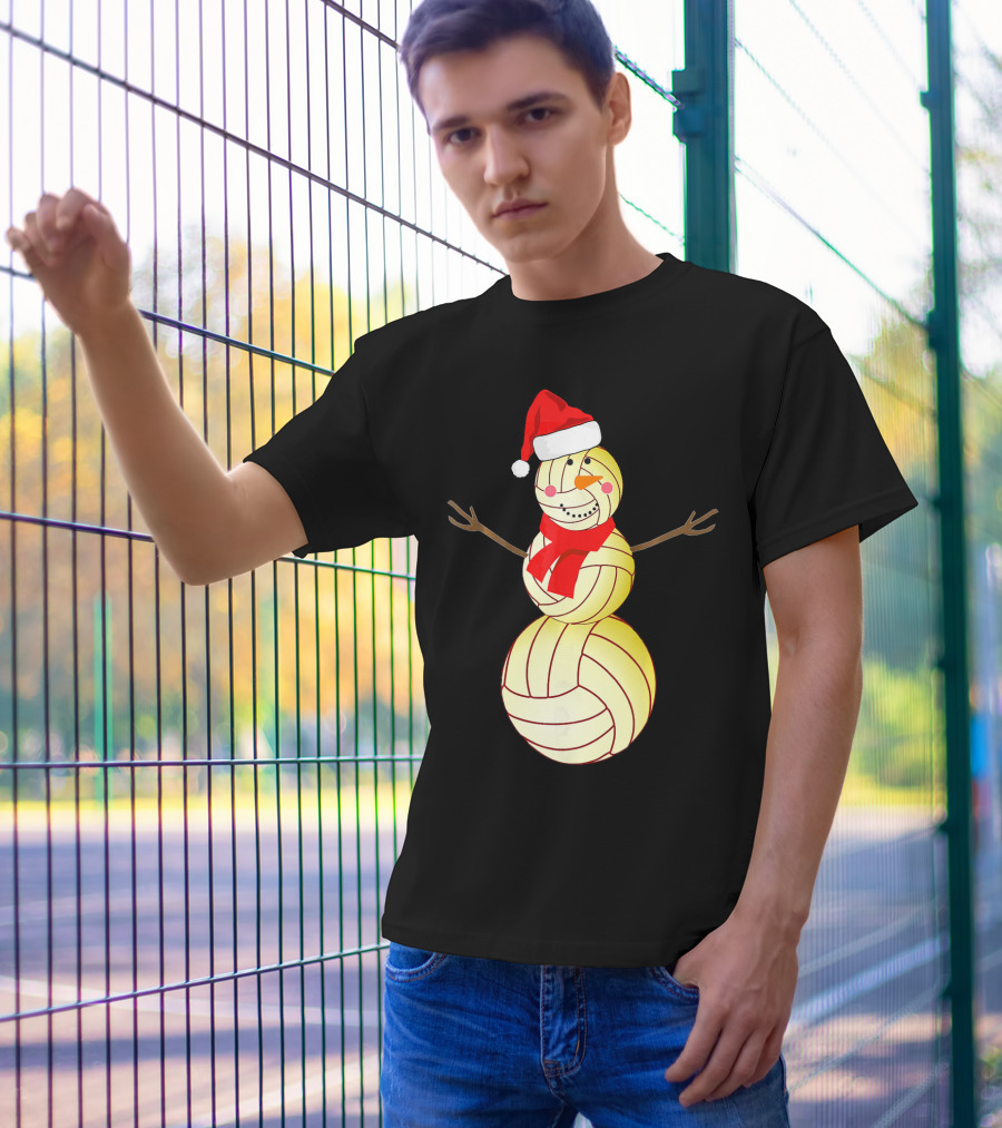 Funny Volleyball Snowman With Santa Hat And Scarf T-Shirt