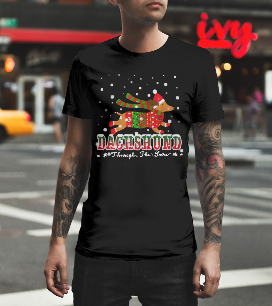 Dachshund Christmas Sweater Through The Snow Winter Holiday T-Shirt