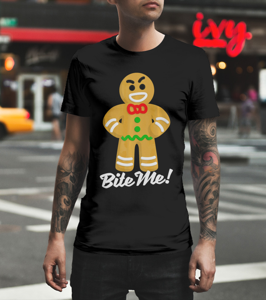 Funny Christmas Gingerbread Man Bite Me T-Shirt