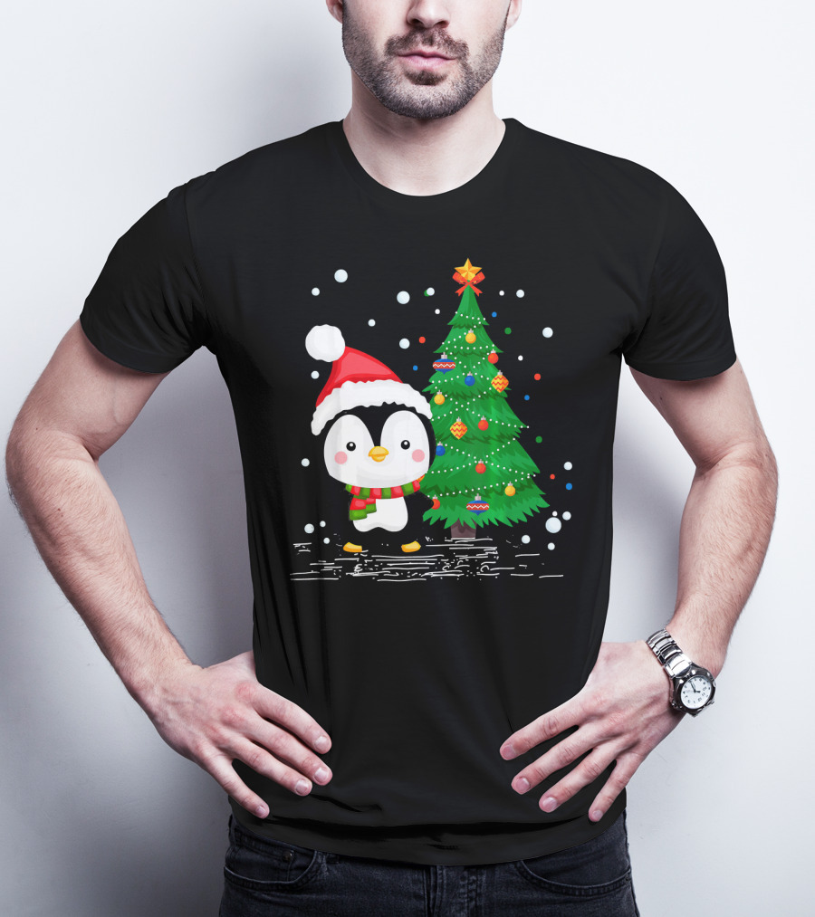 Funny Penguin Lover Santa Hat Christmas Tree Pengu T-Shirt