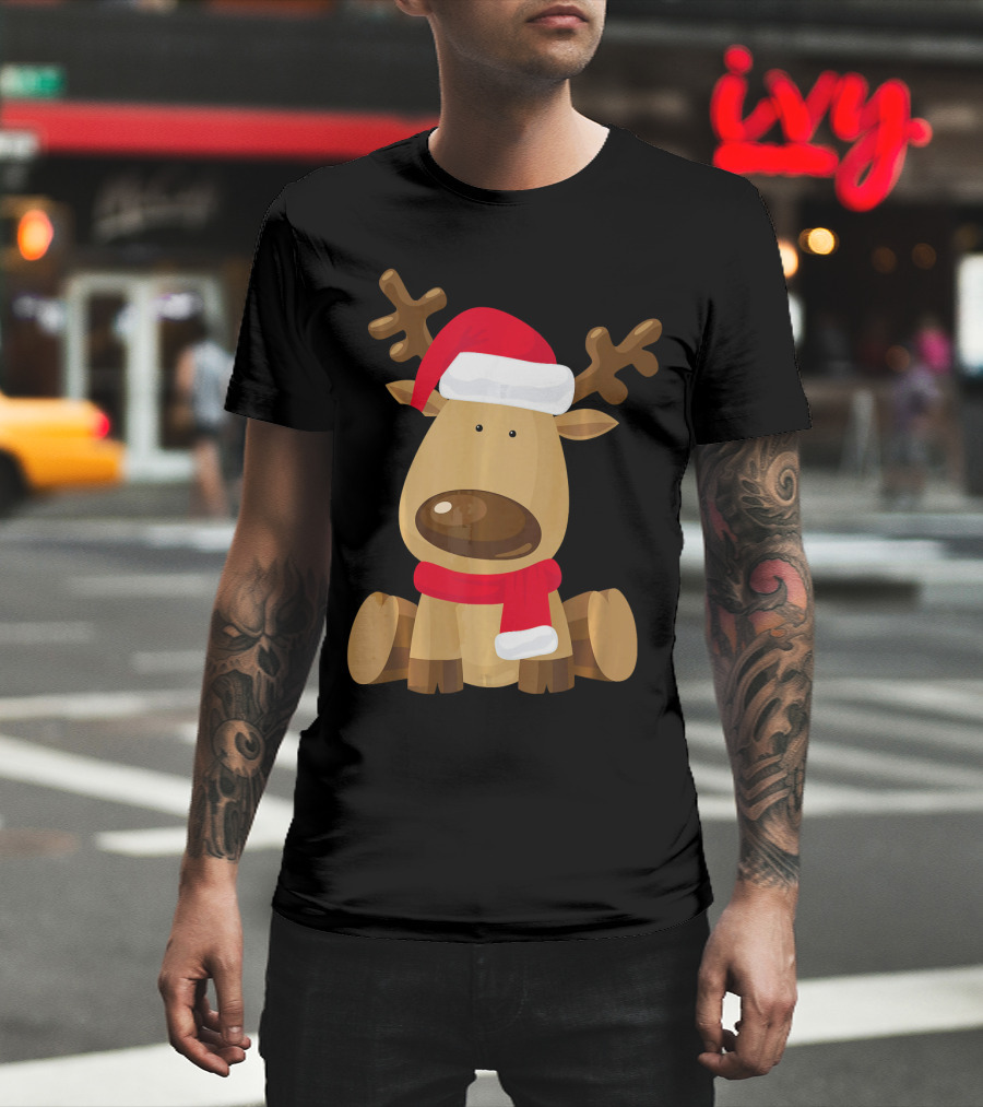 Adorable Festive Reindeer With Santa Hat And Scarf T-Shirt