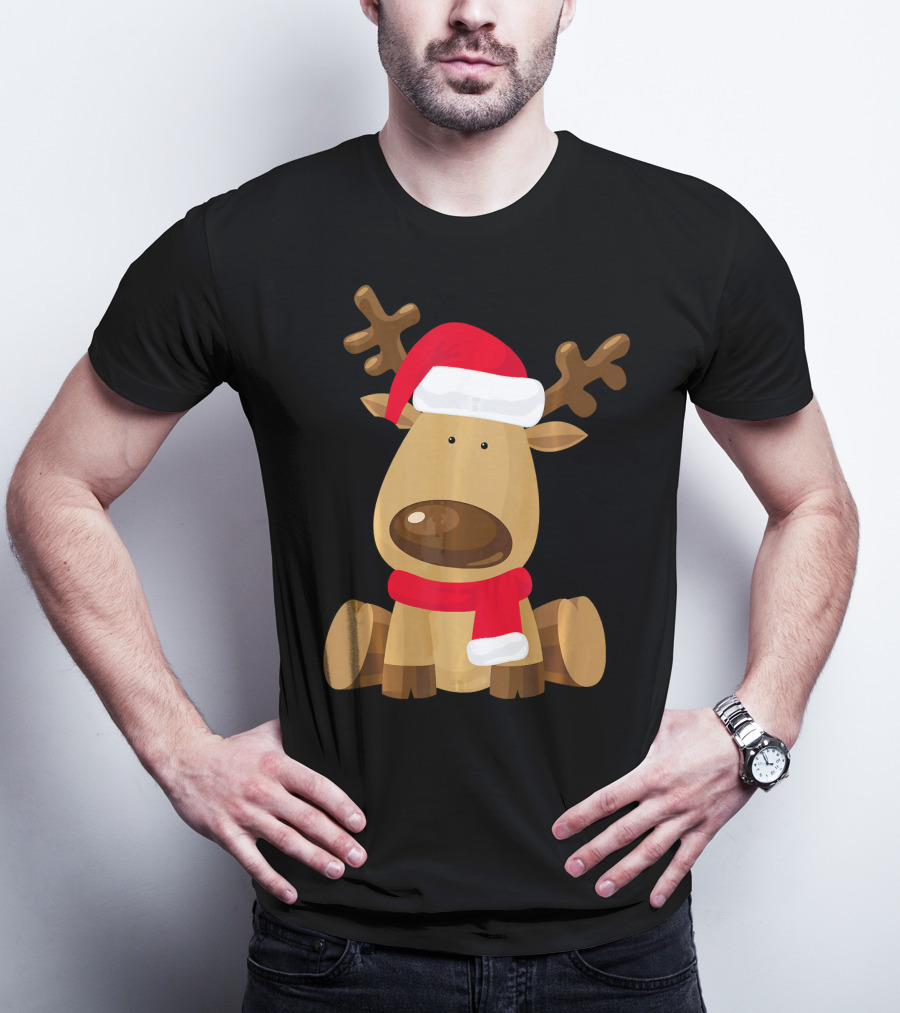 Adorable Festive Reindeer With Santa Hat And Scarf T-Shirt