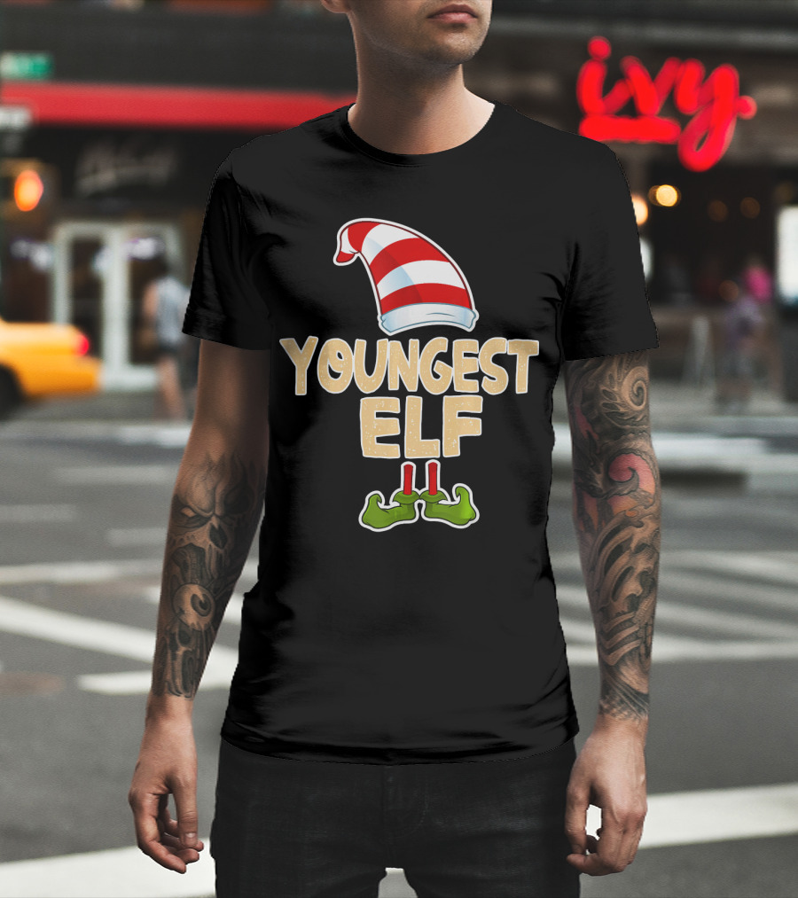 Youngest Elf Hat And Shoes Holiday Humor T-Shirt