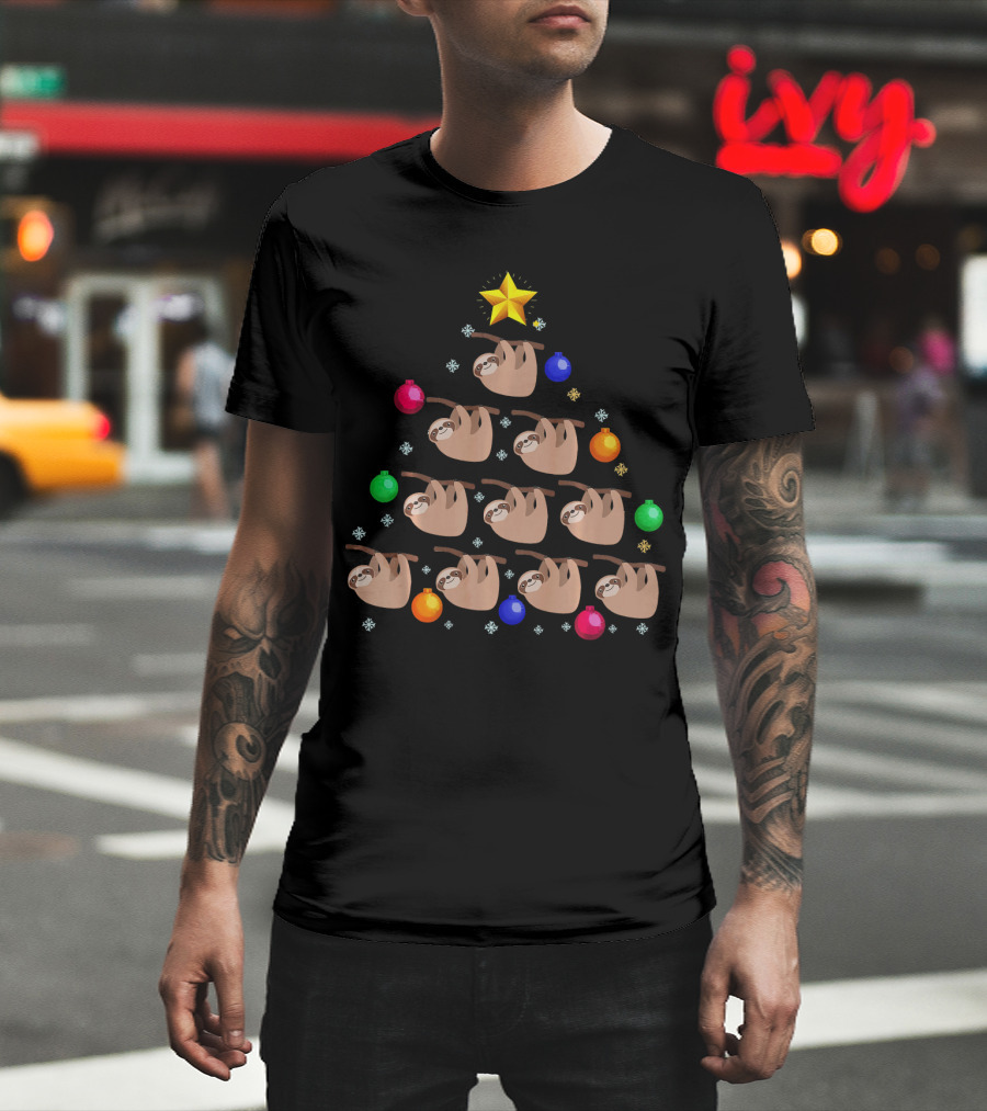 Sloth Hanging On Christmas Tree Ornaments With Star And Snowflakes T-Shirt