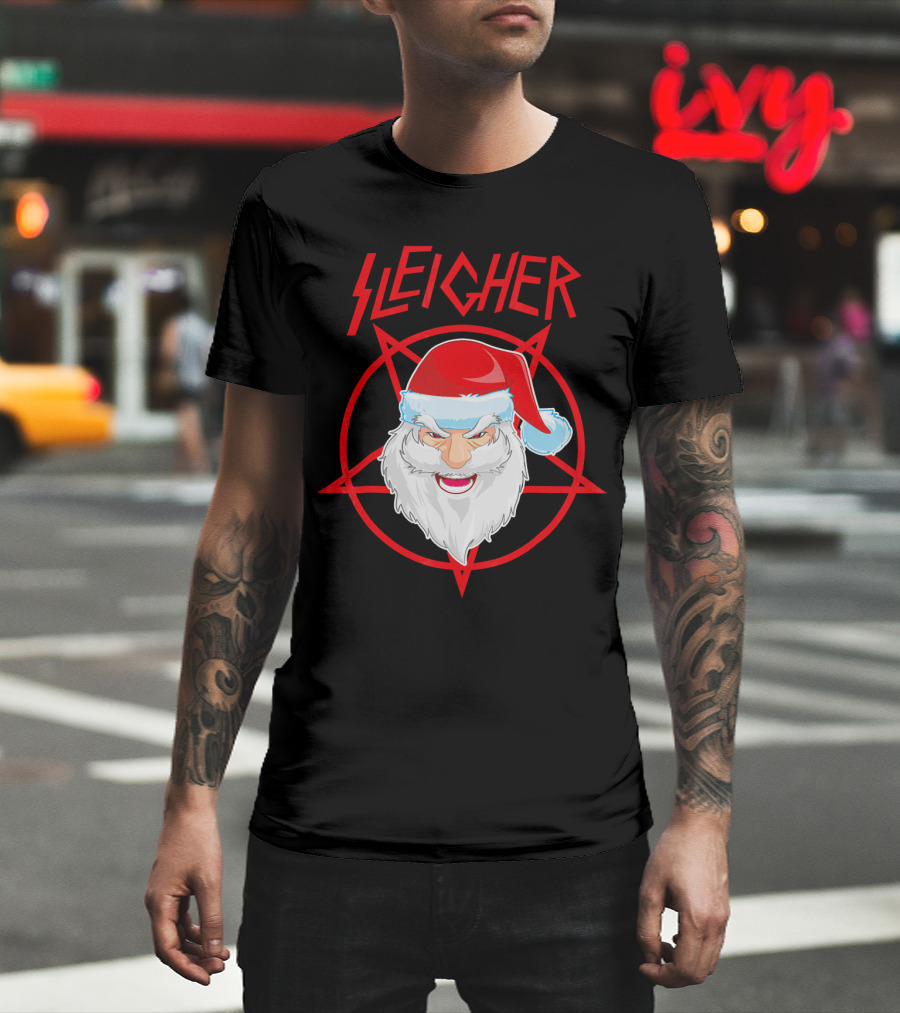 Sleigher Santa Claus Metal Christmas Coo Pentagram Santa Hat T-Shirt