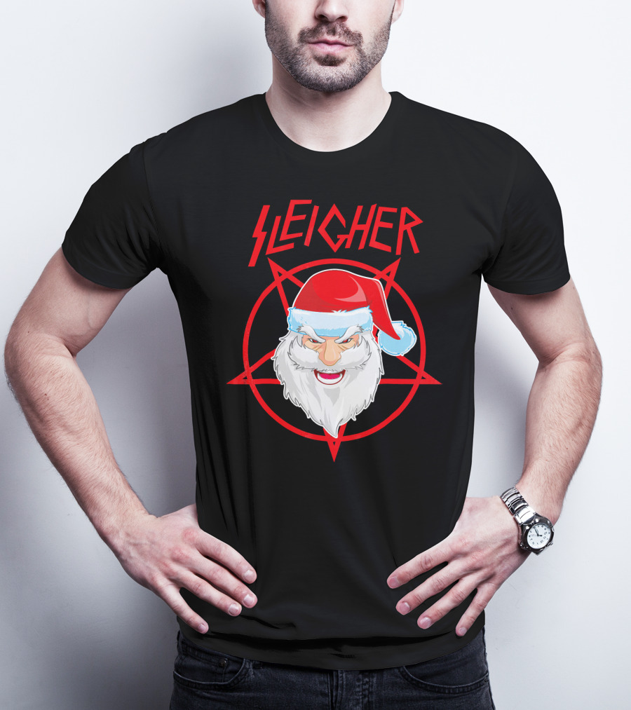 Sleigher Santa Claus Metal Christmas Coo Pentagram Santa Hat T-Shirt