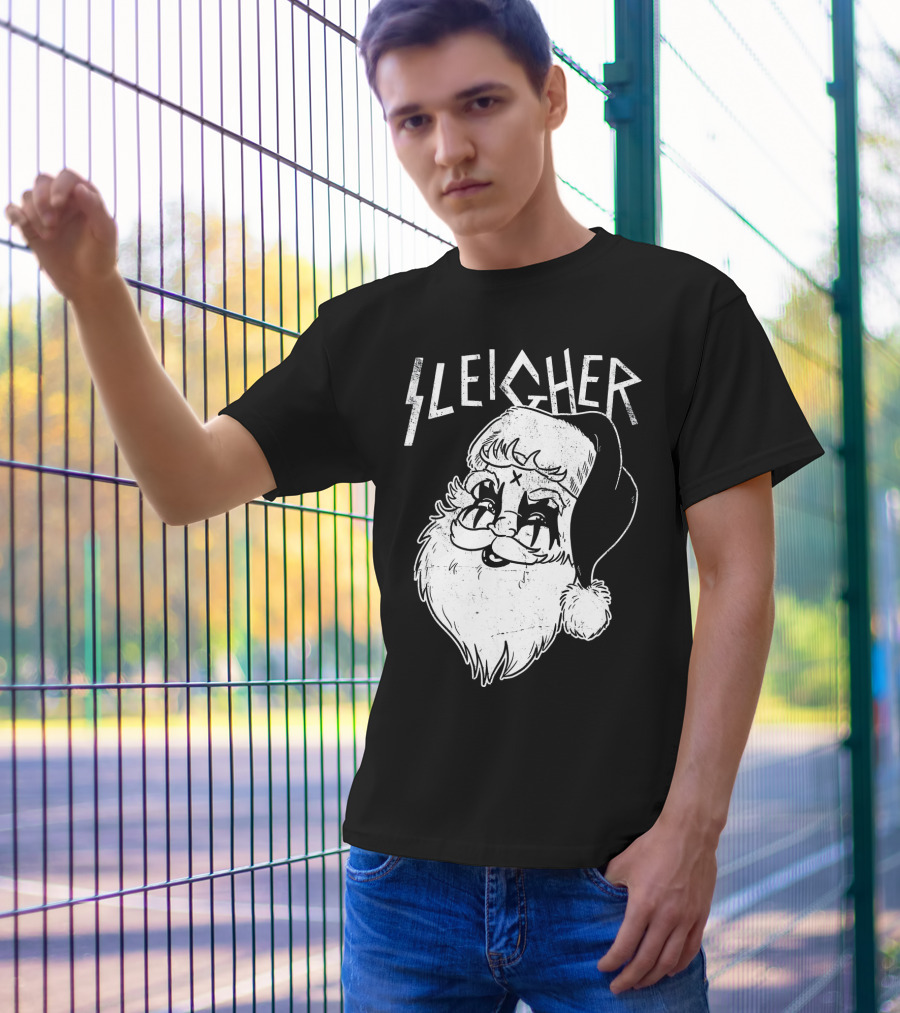 Sleigher Funny Christmas Black Metal Santa T-Shirt