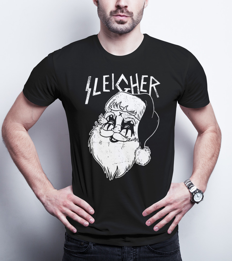Sleigher Funny Christmas Black Metal Santa T-Shirt