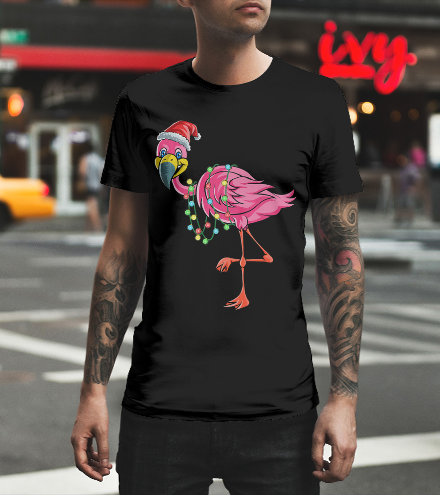 Christmas Flamingo Santa Hat Festive Lights Fun T-Shirt