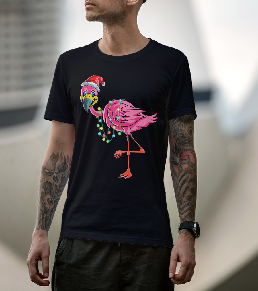 Christmas Flamingo Santa Hat Festive Lights Fun T-Shirt