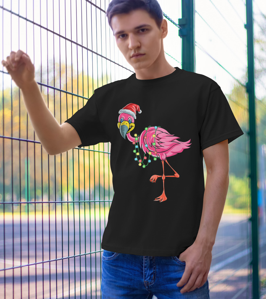 Christmas Flamingo Santa Hat Festive Lights Fun T-Shirt
