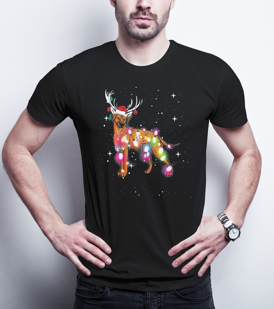 Christmas Lights Rhodesian Ridgeback Dog With Antlers Santa Hat T-Shirt