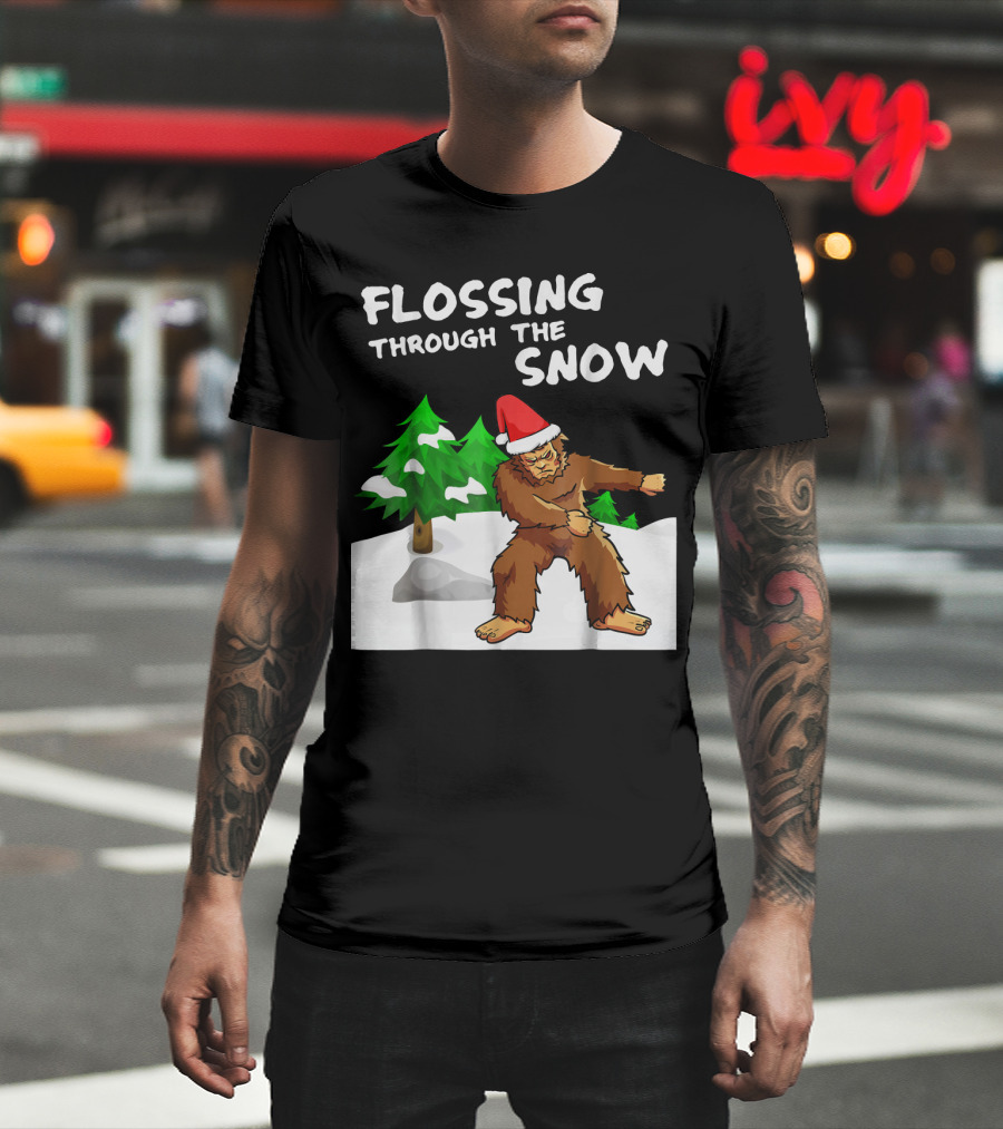 Flossing Through The Snow Bigfoot Santa Hat Winter Scene T-Shirt