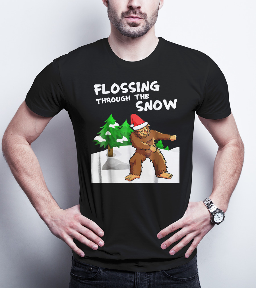 Flossing Through The Snow Bigfoot Santa Hat Winter Scene T-Shirt