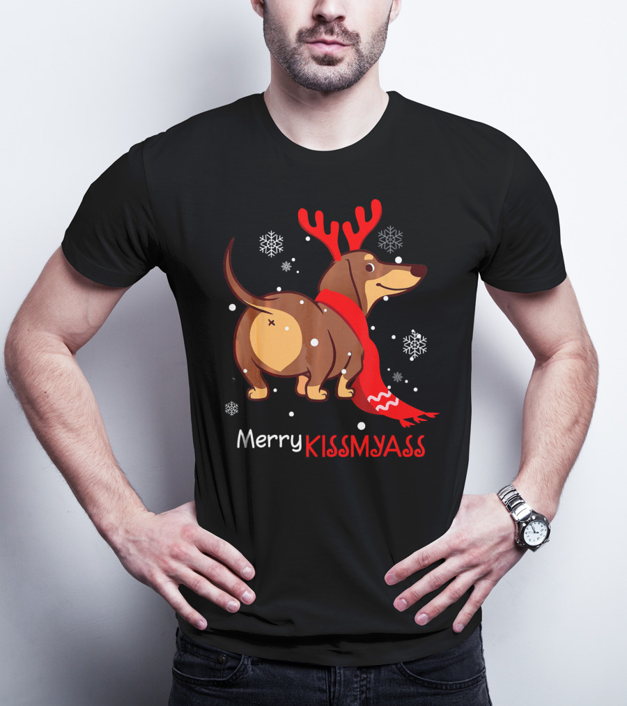 Funny Dog Dachshund Christmas Merry Kiss My Ass T-Shirt