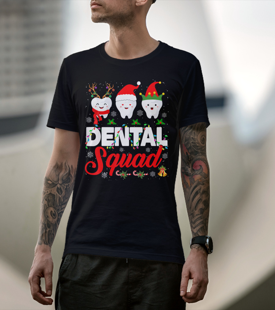 Dental Squad Funny Hygienist Dentist Love Christmas Themed Tooth Characters T-Shirt