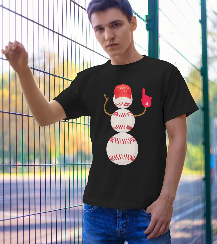 Damage Done Baseball Snowman With Red Cap And Foam Finger T-Shirt