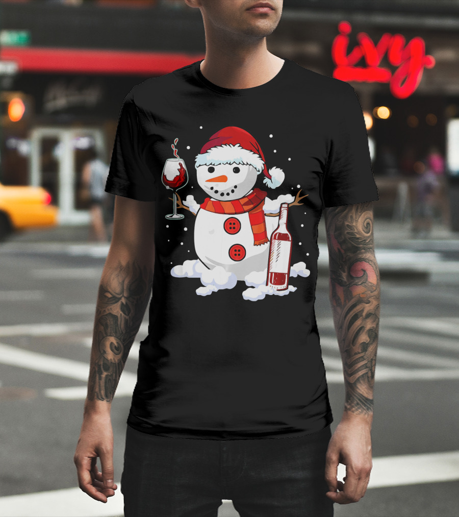 Snowman With Santa Hat And Scarf Holding Wine Glass And Bottle Christmas Drinking T-Shirt