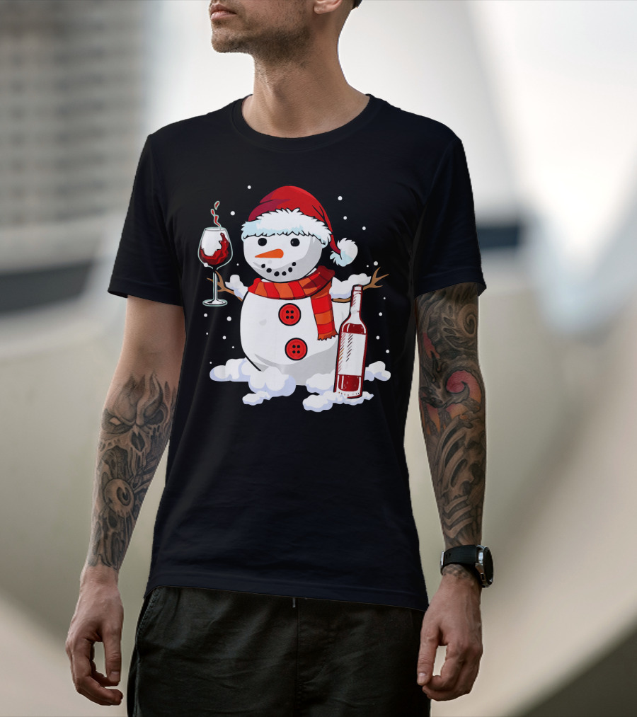 Snowman With Santa Hat And Scarf Holding Wine Glass And Bottle Christmas Drinking T-Shirt
