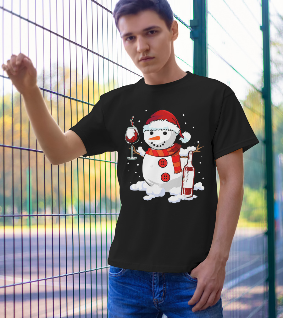 Snowman With Santa Hat And Scarf Holding Wine Glass And Bottle Christmas Drinking T-Shirt