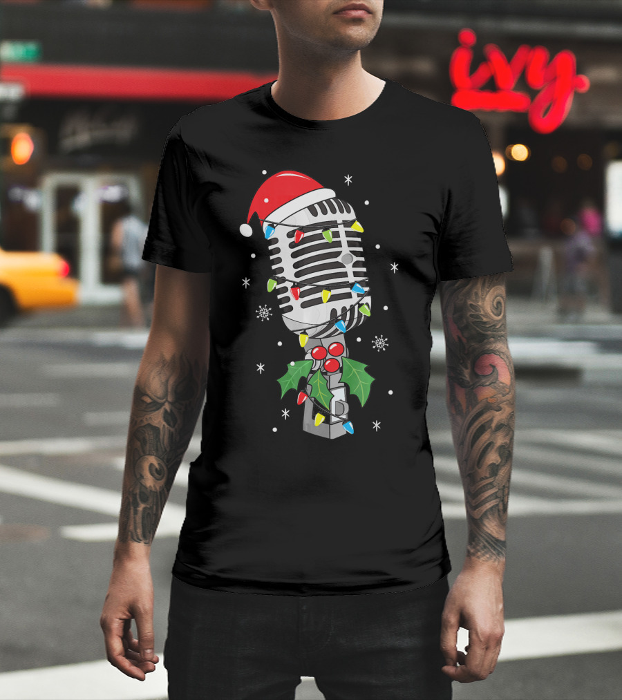 Retro Microphone With Santa Hat And Holiday Lights T-Shirt
