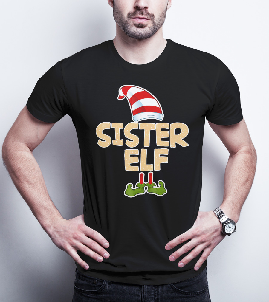 Sister Elf Merry Funny Christmas Hat And Shoes T-Shirt