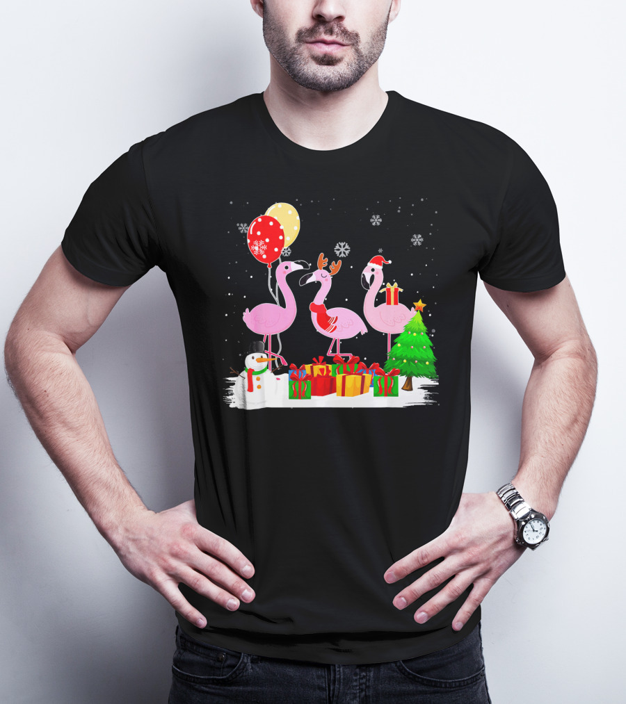 Three Flamingos Xmas Santa With Christmas Tree Presents Snowman Balloons T-Shirt