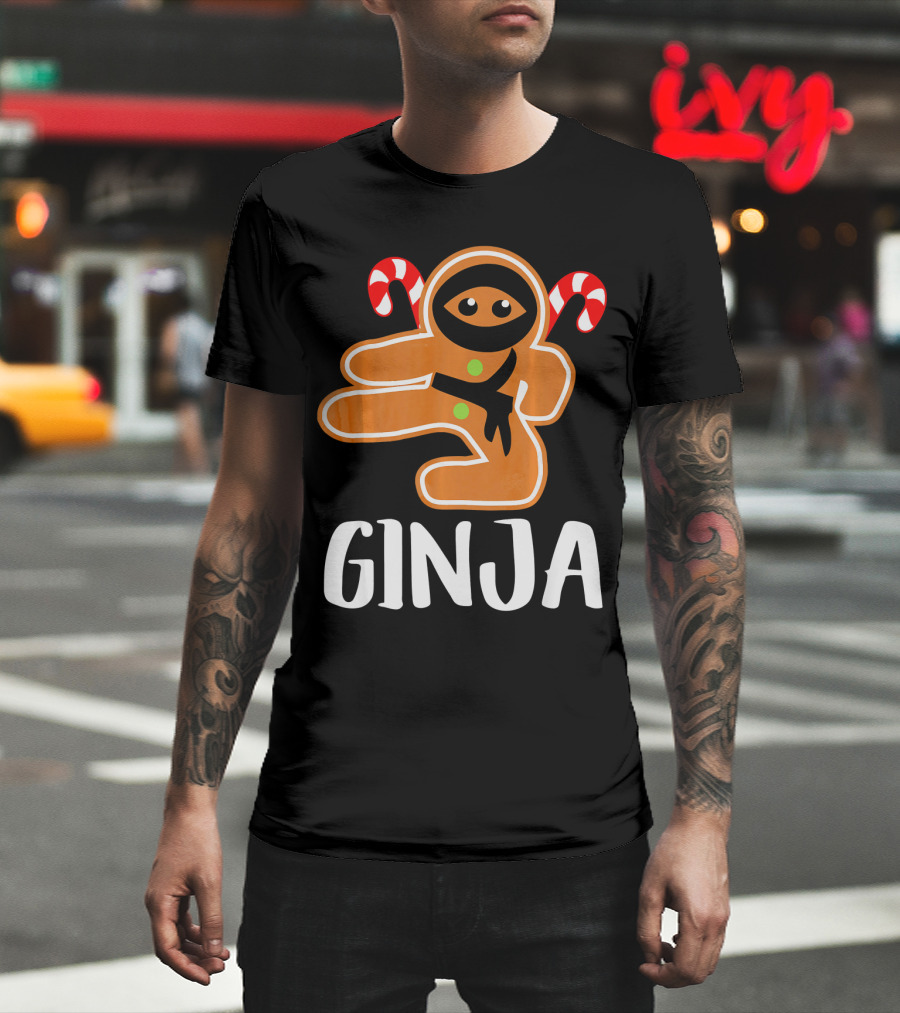 Ginja Ninja Warrior Gingerbread Man With Candy Canes T-Shirt