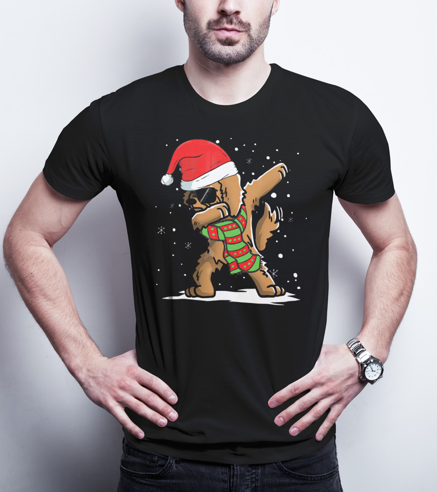 Dabbing Goldendoodle Santa With Red Hat And Christmas Scarf T-Shirt