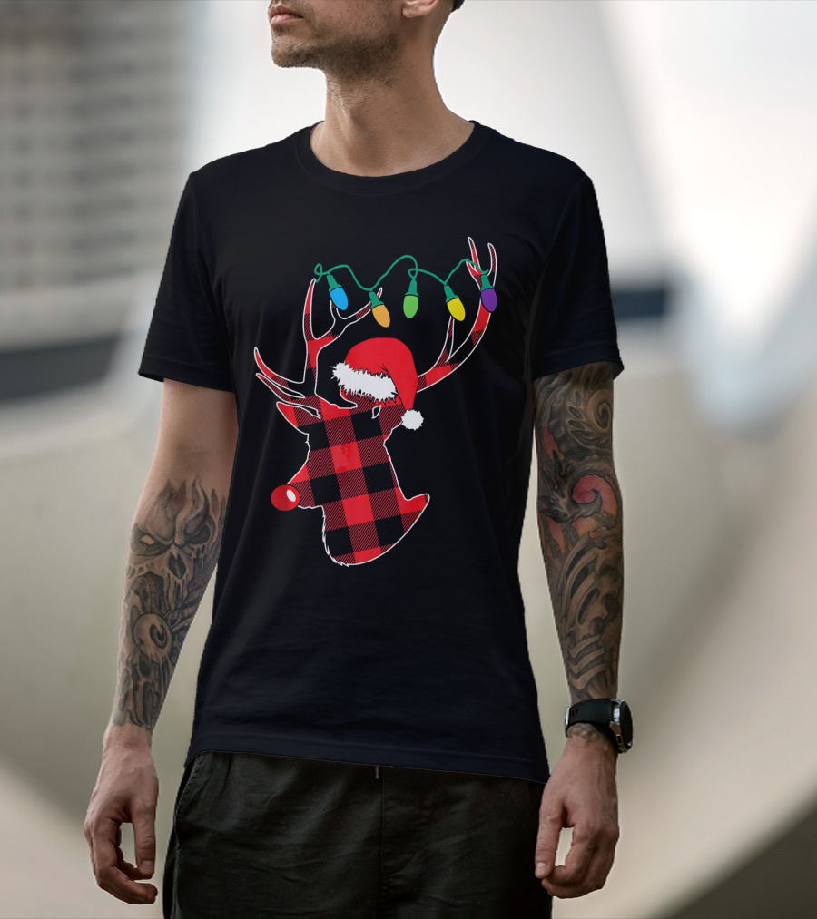 Christmas Deer Santa Hat Buffalo Plaid String Lights T-Shirt