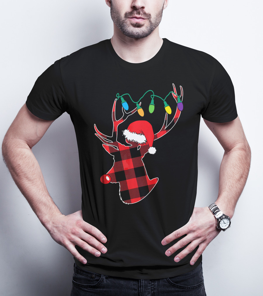 Christmas Deer Santa Hat Buffalo Plaid String Lights T-Shirt