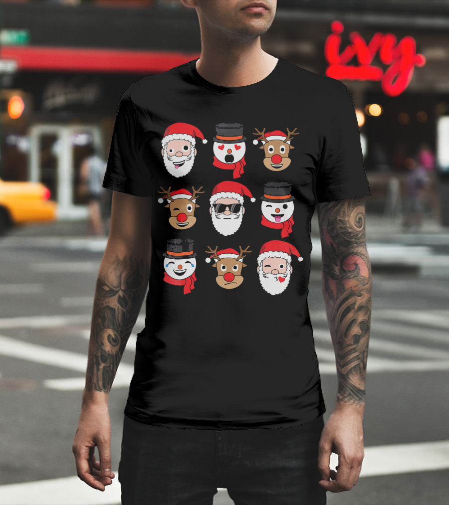 Santa Claus Emoji Faces With Reindeer And Snowman Expressions T-Shirt