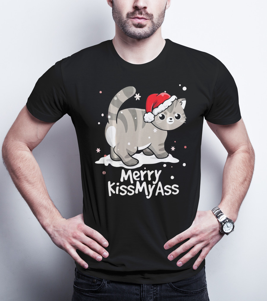 Merry KissMyAss Cat With Santa Hat In Snowflakes T-Shirt