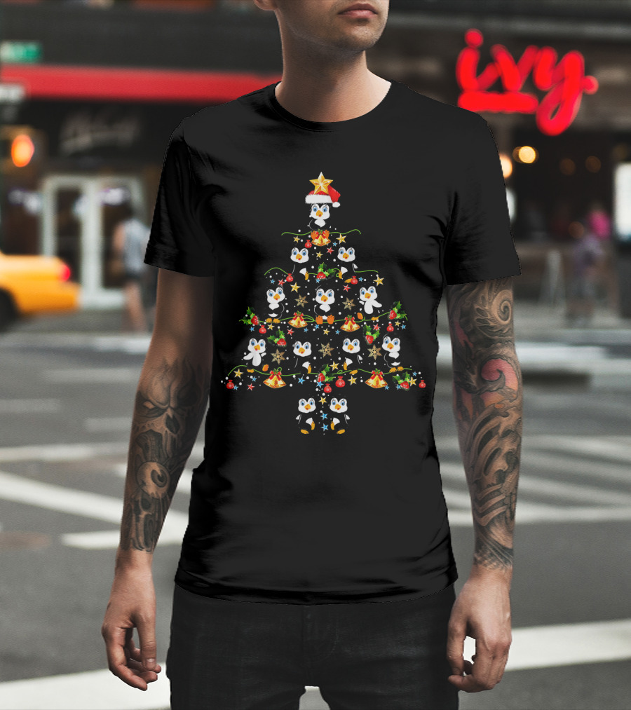 Penguin Christmas Tree Merry Holiday Penguins Santa Hat Ornaments Star Garland T-Shirt