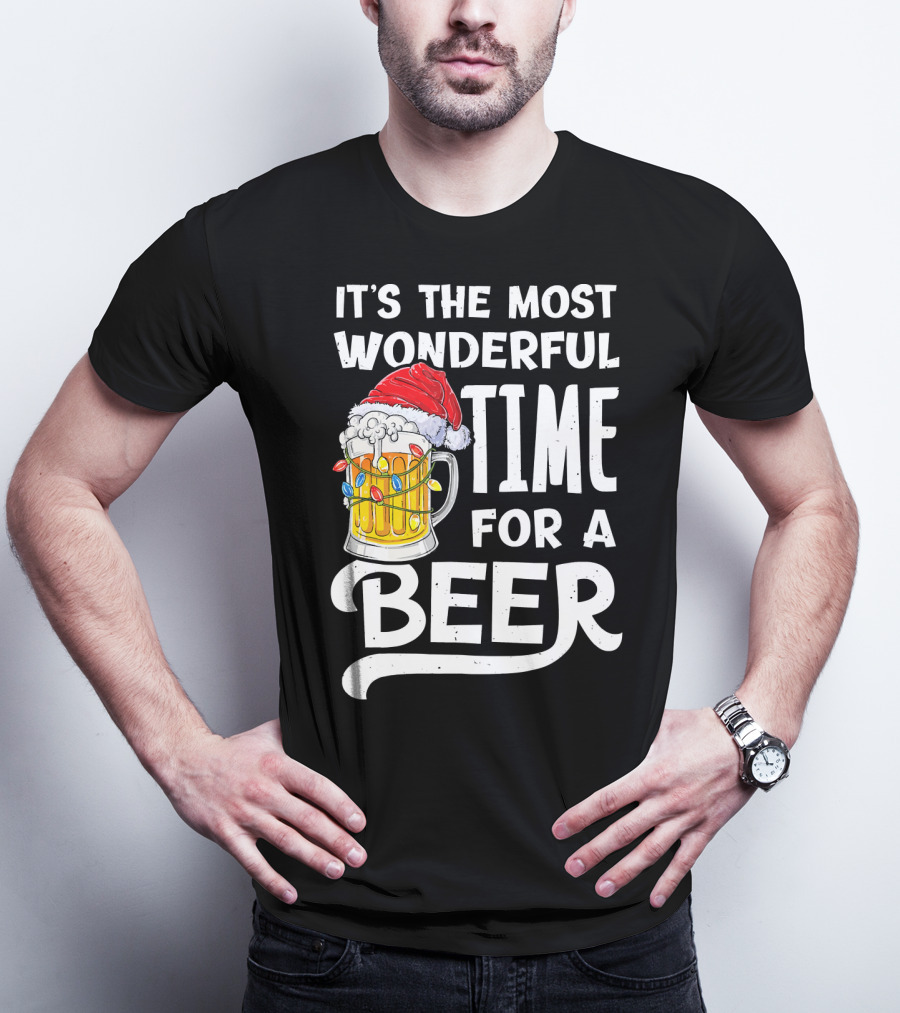 It's The Most Wonderful Time For A Beer With Santa Hat And Holiday Lights T-Shirt