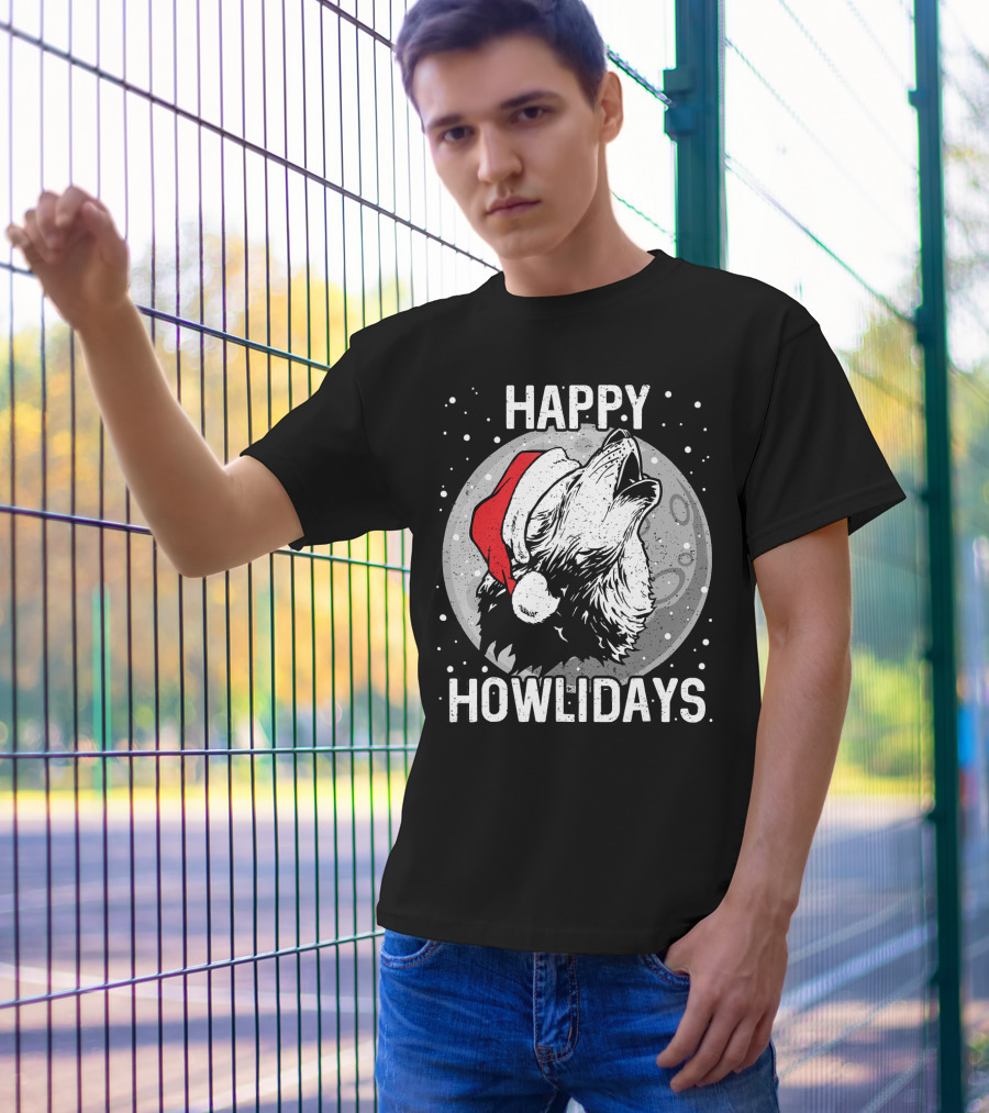 Happy Howlidays Christmas Wolf Santa Hat Moon T-Shirt